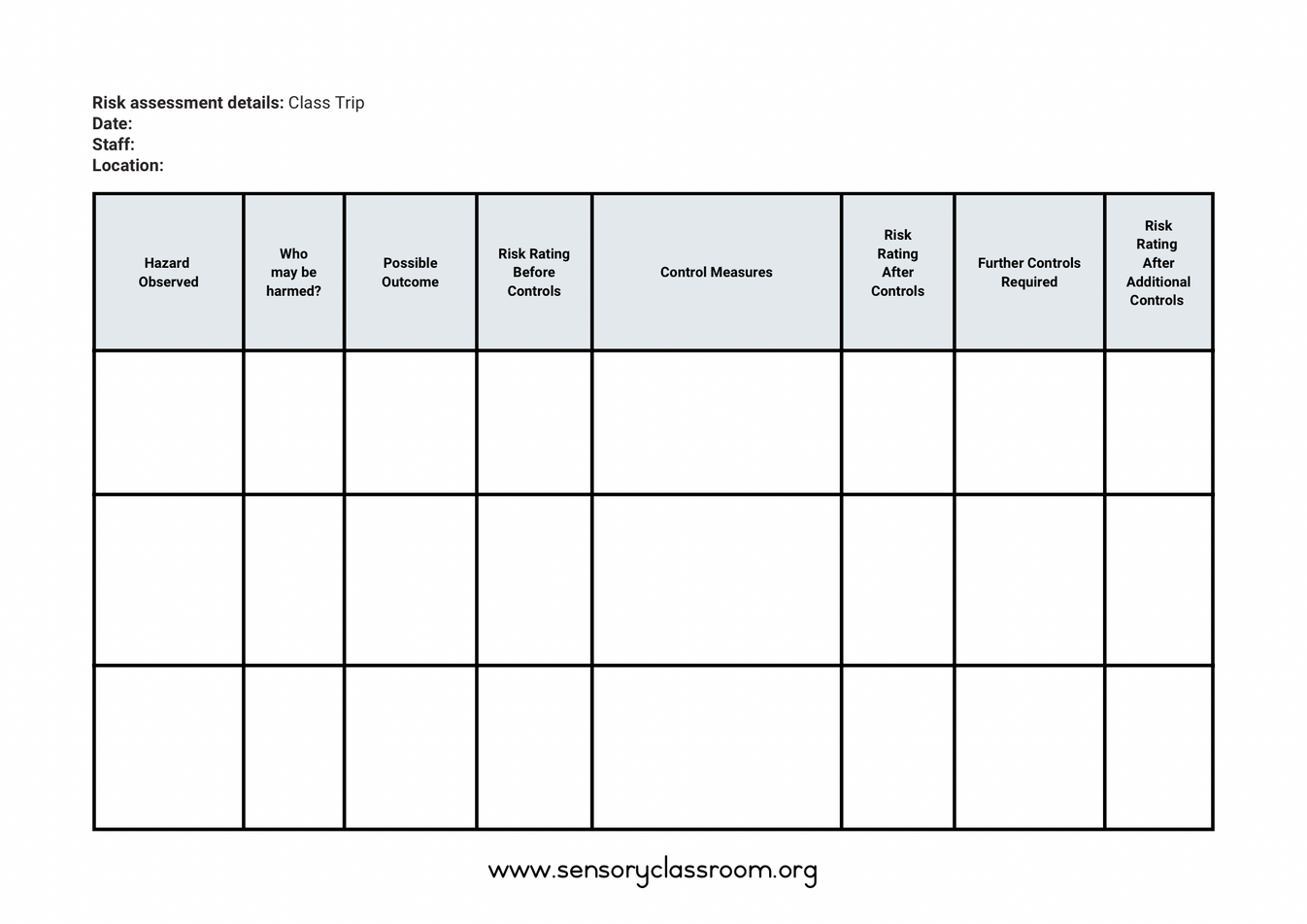 Risk Assessment Template – Sensory Classroom