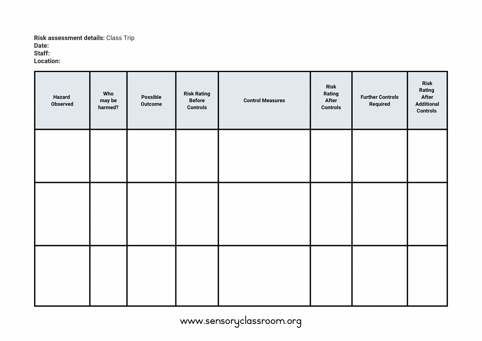 Risk Assessment Template – Sensory Classroom