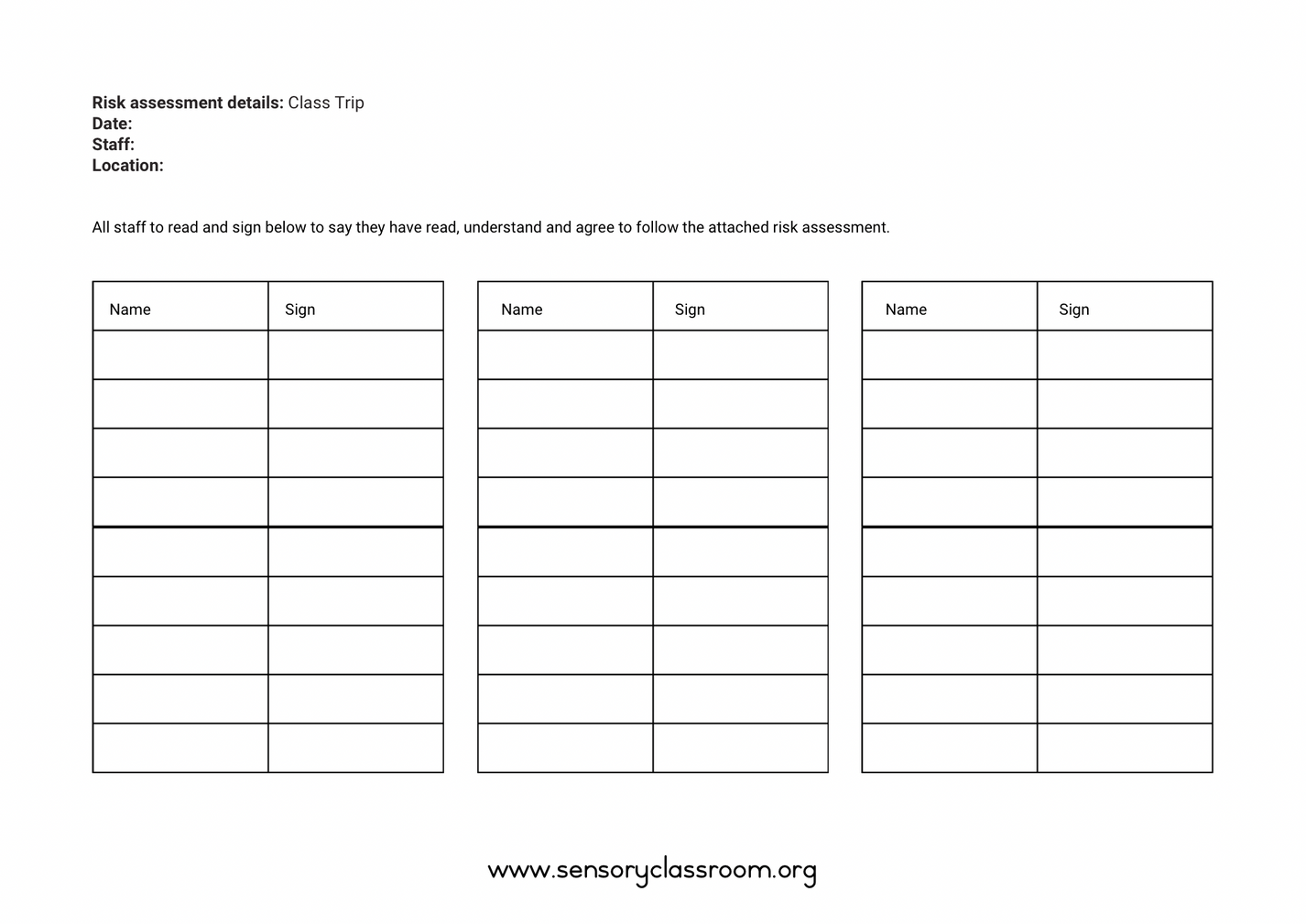 Risk Assessment Template – Sensory Classroom